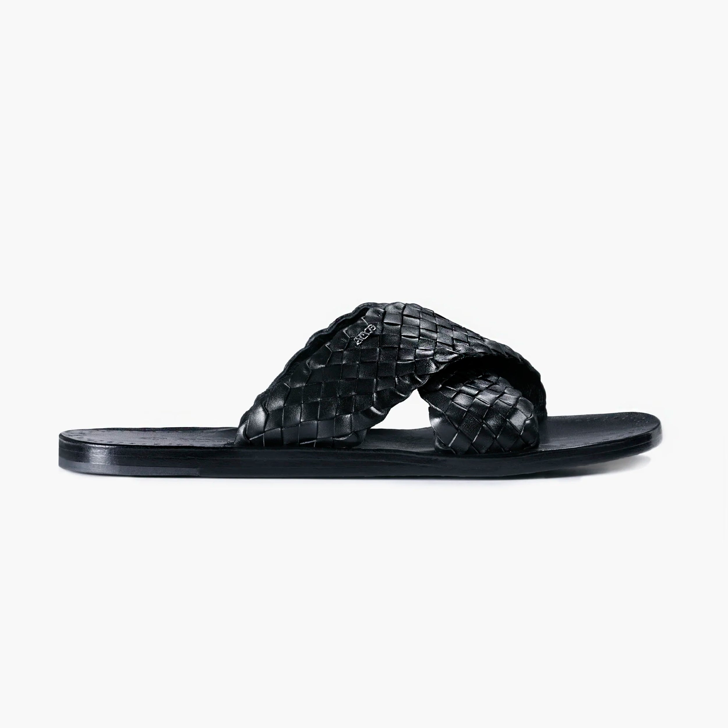 Men's Black Woven Leather Cross-Strap Slide Sandals | ARMOS